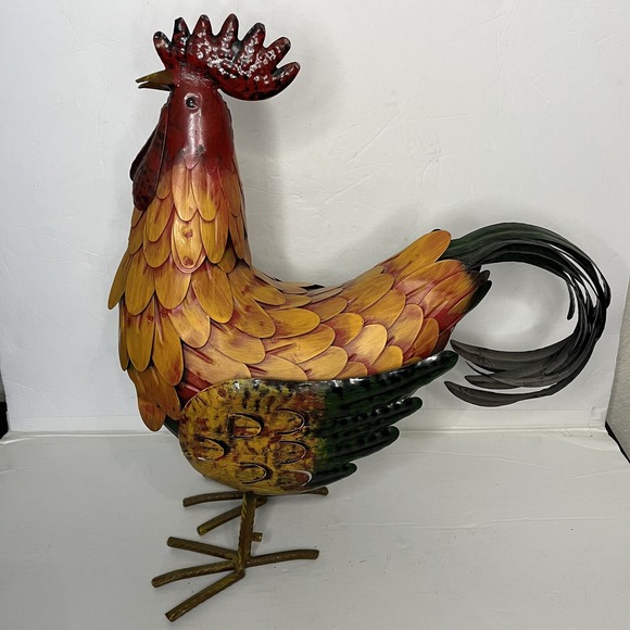 Art | Country Rustic Farmhouse Rooster 2 Tall Red Black Gold Metal ...